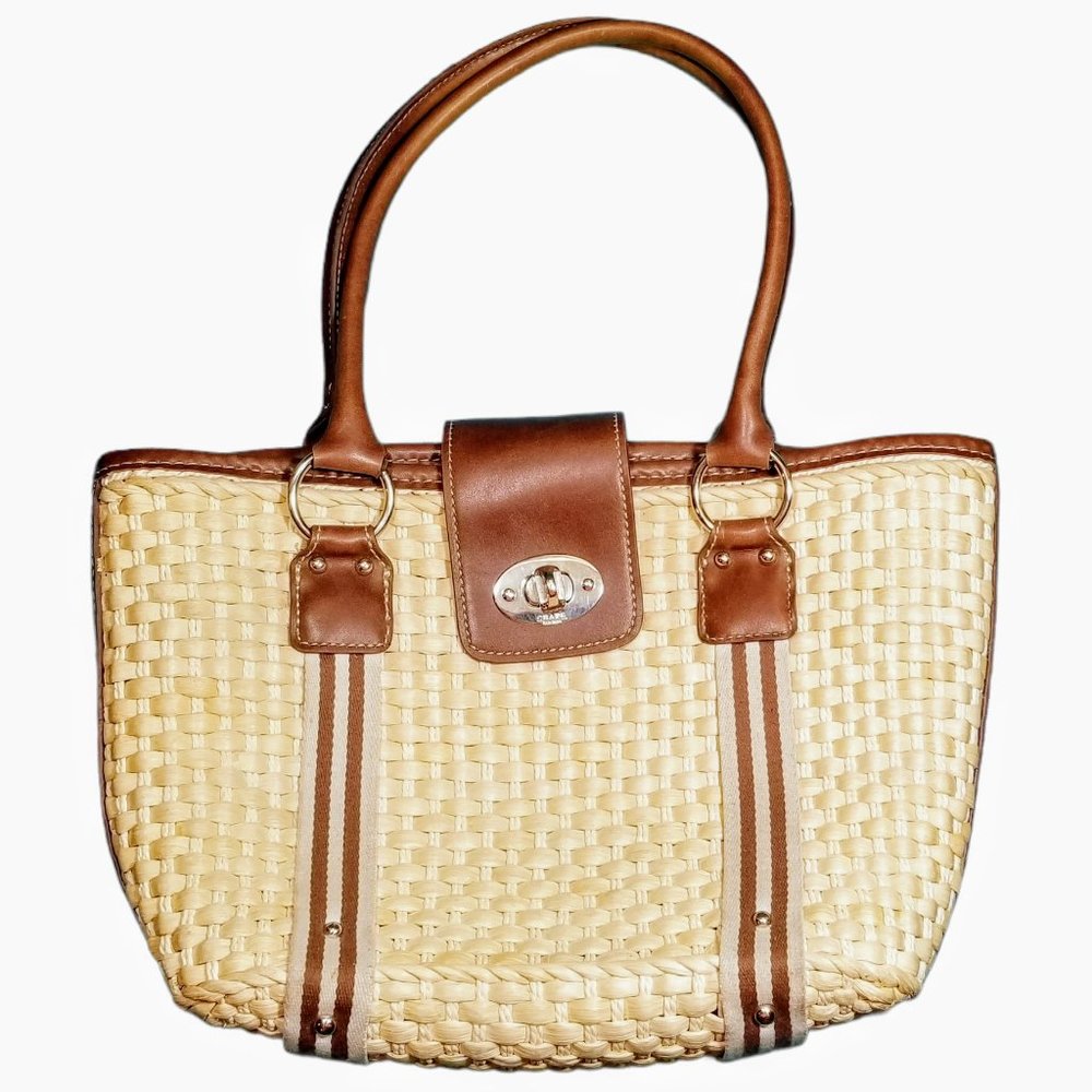Chaps Beige Woven Straw Leather Trim Turnlock Shoulde… - Gem
